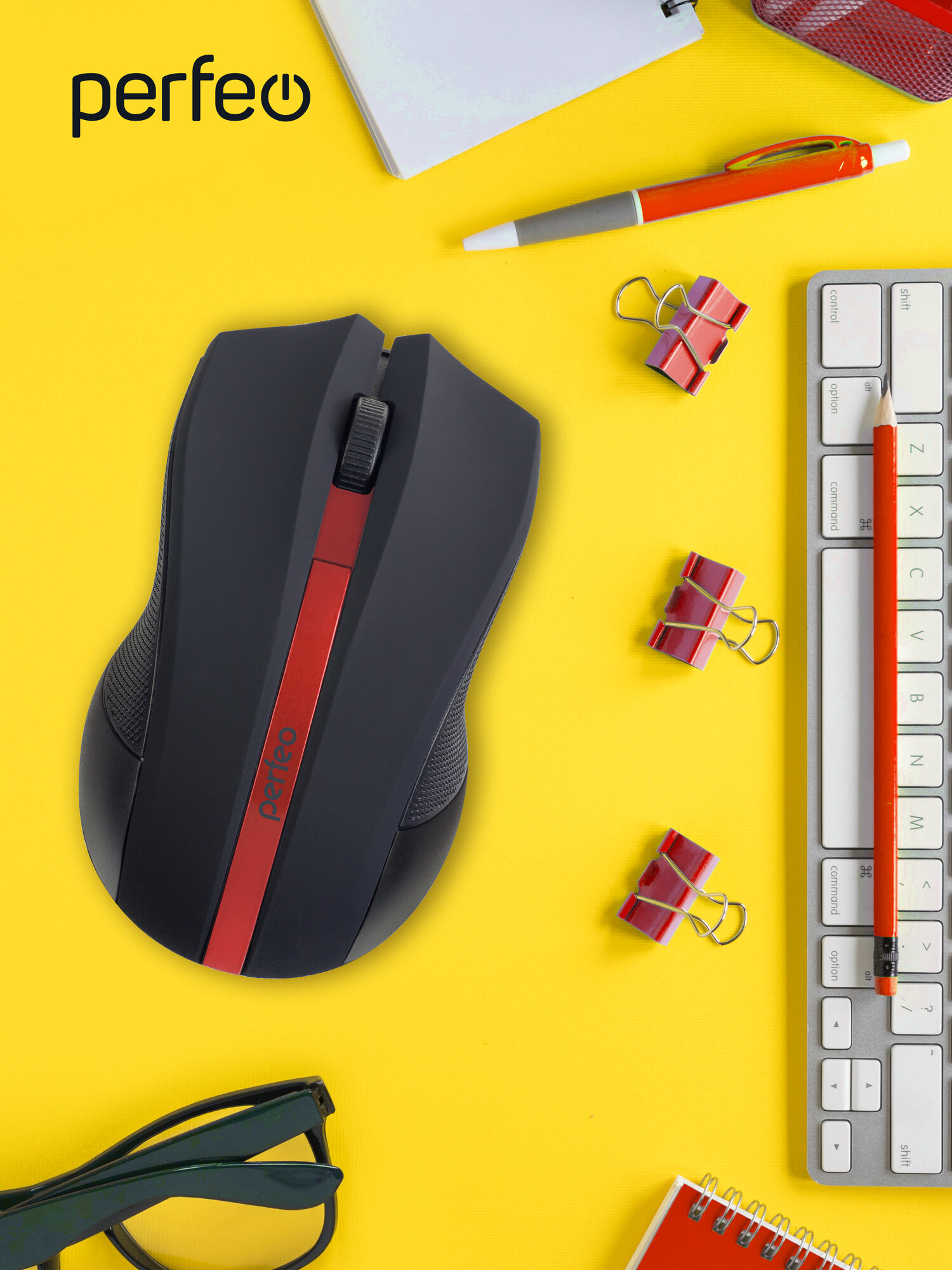 Мышь беспров, оптич, Perfeo "VERTEX", 3 кн, DPI 1000, USB, чёрн/красн