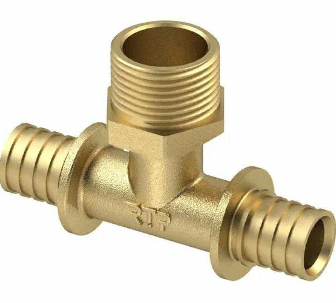 Тройник аксиальный, латунь, наружная резьба,16х3/4", желтый, RTP