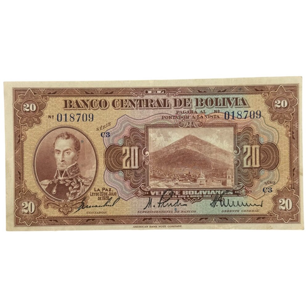 Боливия 20 боливиано (2 боливара) 1928 г. (1940 г.) (Серия C3)