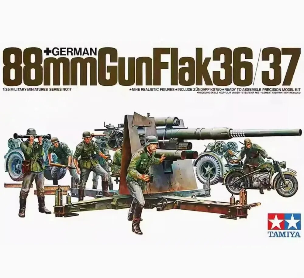 Tamiya 35017 1/35 Модель сборки Немецкая 88 - мм зенитная установка 36/37 с Zundapp KS750
