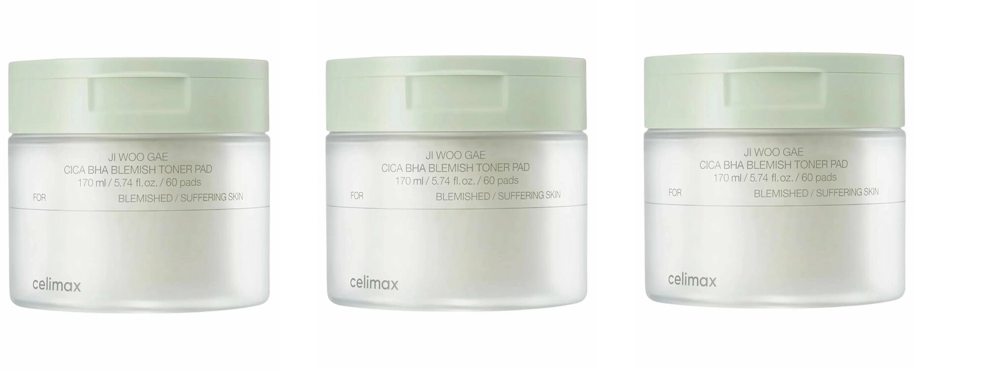 Пэды Celimax для лица, Ji Woo Gae Cica BHA Blemish Toner Pad, успокаивающие с центеллой азиатской , 60шт, 3 шт