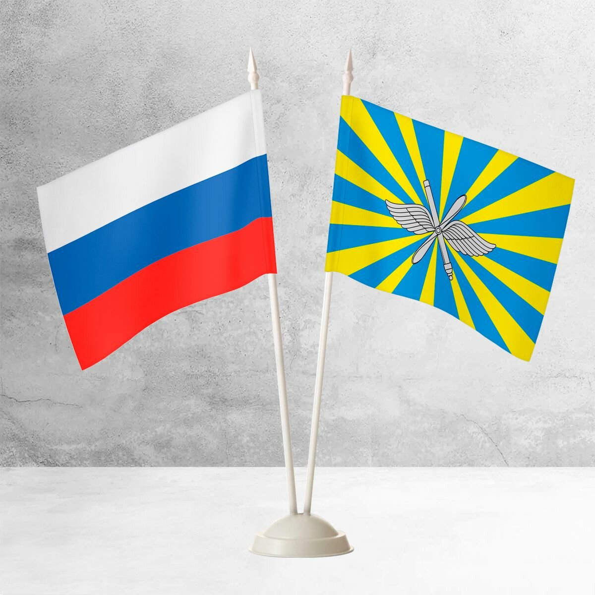 Настольные флаги России и ВВС на пластиковой белой подставке