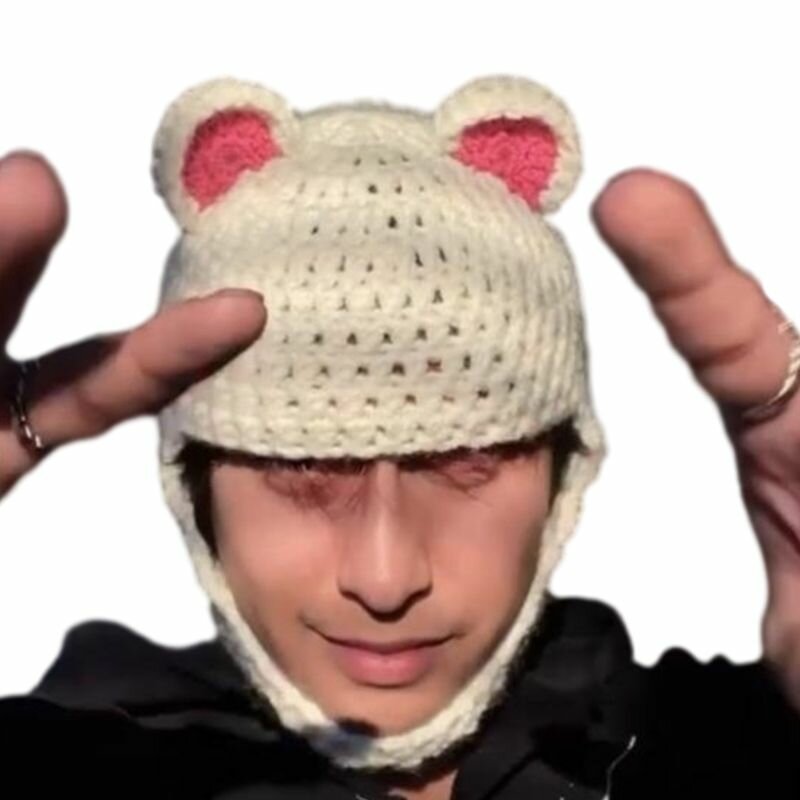 Маска с ушками медведя, цельнокроеная шерстяная шапка-бело-розовые ушки