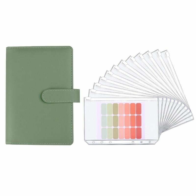 Кожаный бюджетный переплет с 6-луновыми конвертами и красочной наклейкой на этикетке, Зеленый