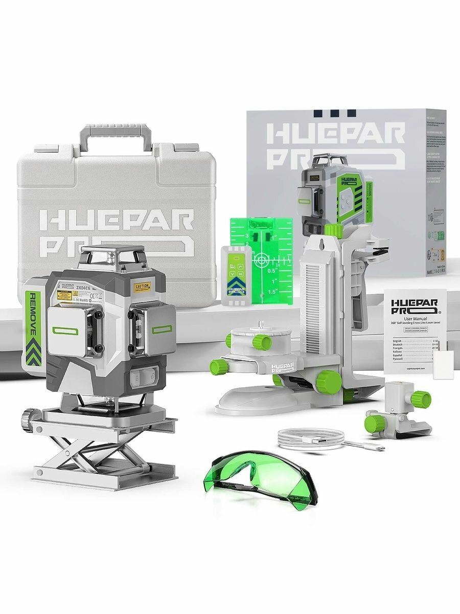 Лазерный уровень Huepar, горизонтальный, 360°, зеленый луч, 4x360, дальность 30 м