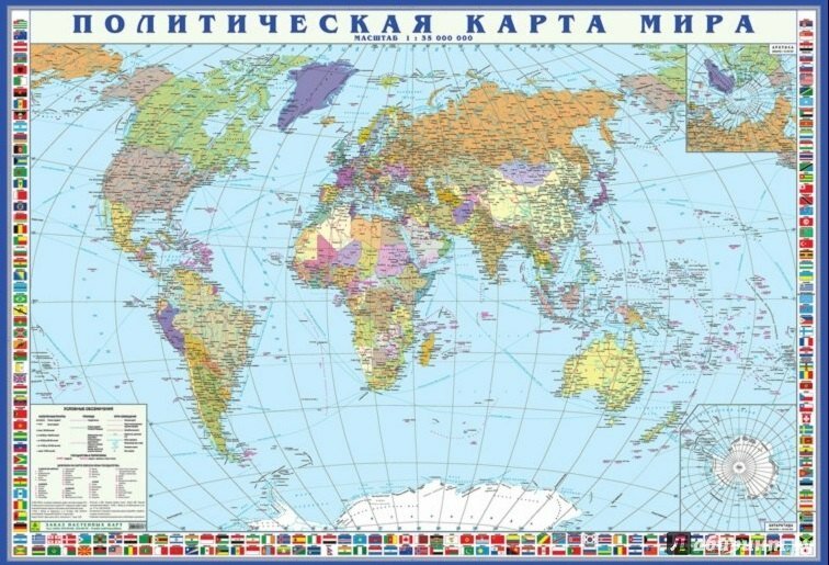 Политическая карта мира, с флагами. Масштаб (1:35 000 000)
