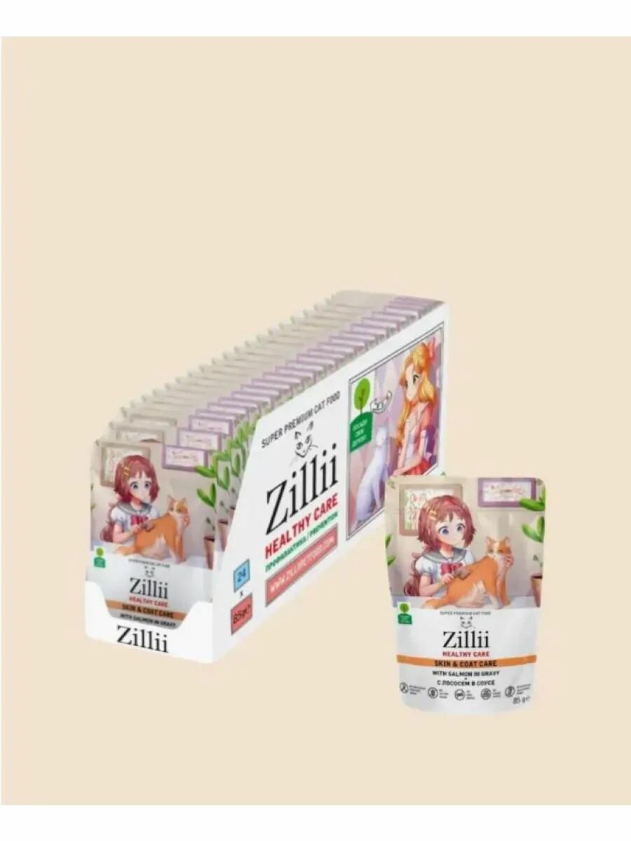 Влажный корм для кошек Zillii поддержка здоровья кожи и шерсти, лосось 24 шт по 85 г.