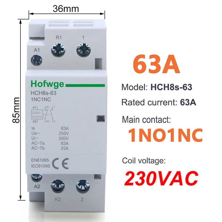 Контактор HOFWGE HCH8s-63 63А 2P 2P 63A 1NO1NC AC230V