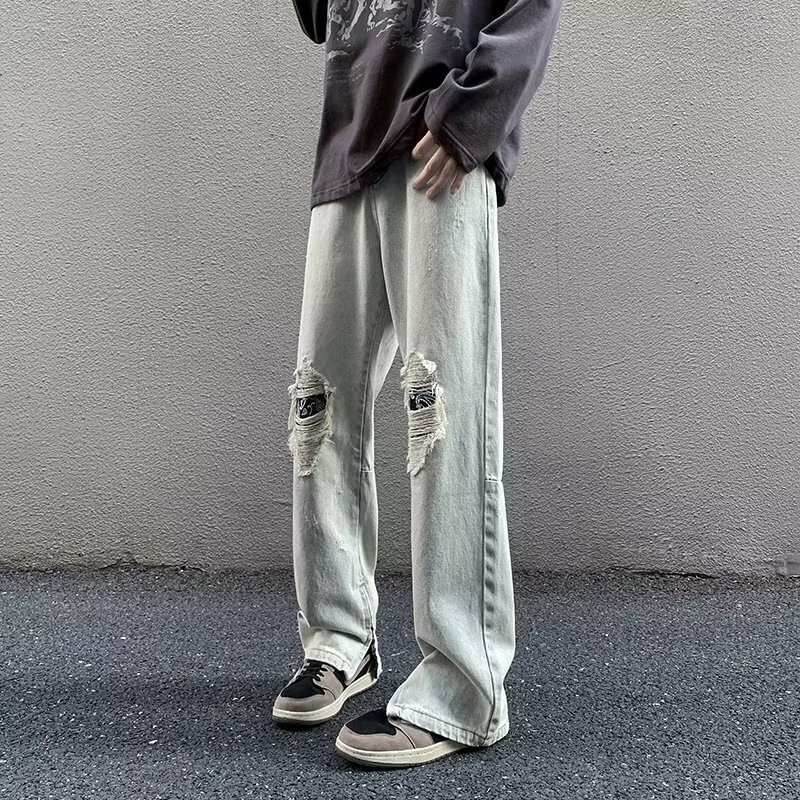 Джинсы ZY мужские рваные серые с застежками - уличный стиль, модный крой, винтажная стирка