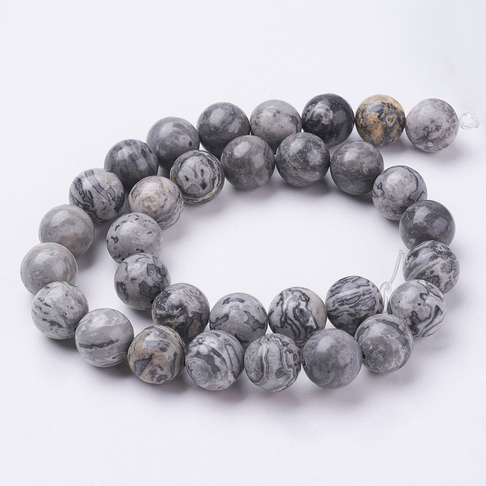 Бусины каменные, яшма, пейзажная серая, 12мм, 31 шт, низка