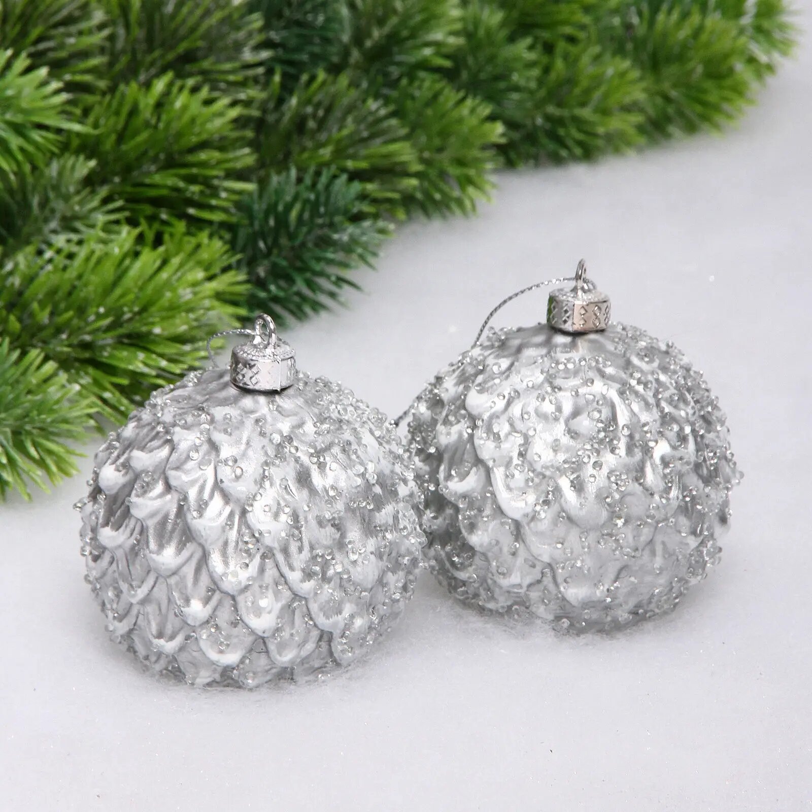Ёлочные игрушки VERSAILLES «Еловый шар» 8 см (набор 2 шт), Серебро, пластик, для елки и декорирования