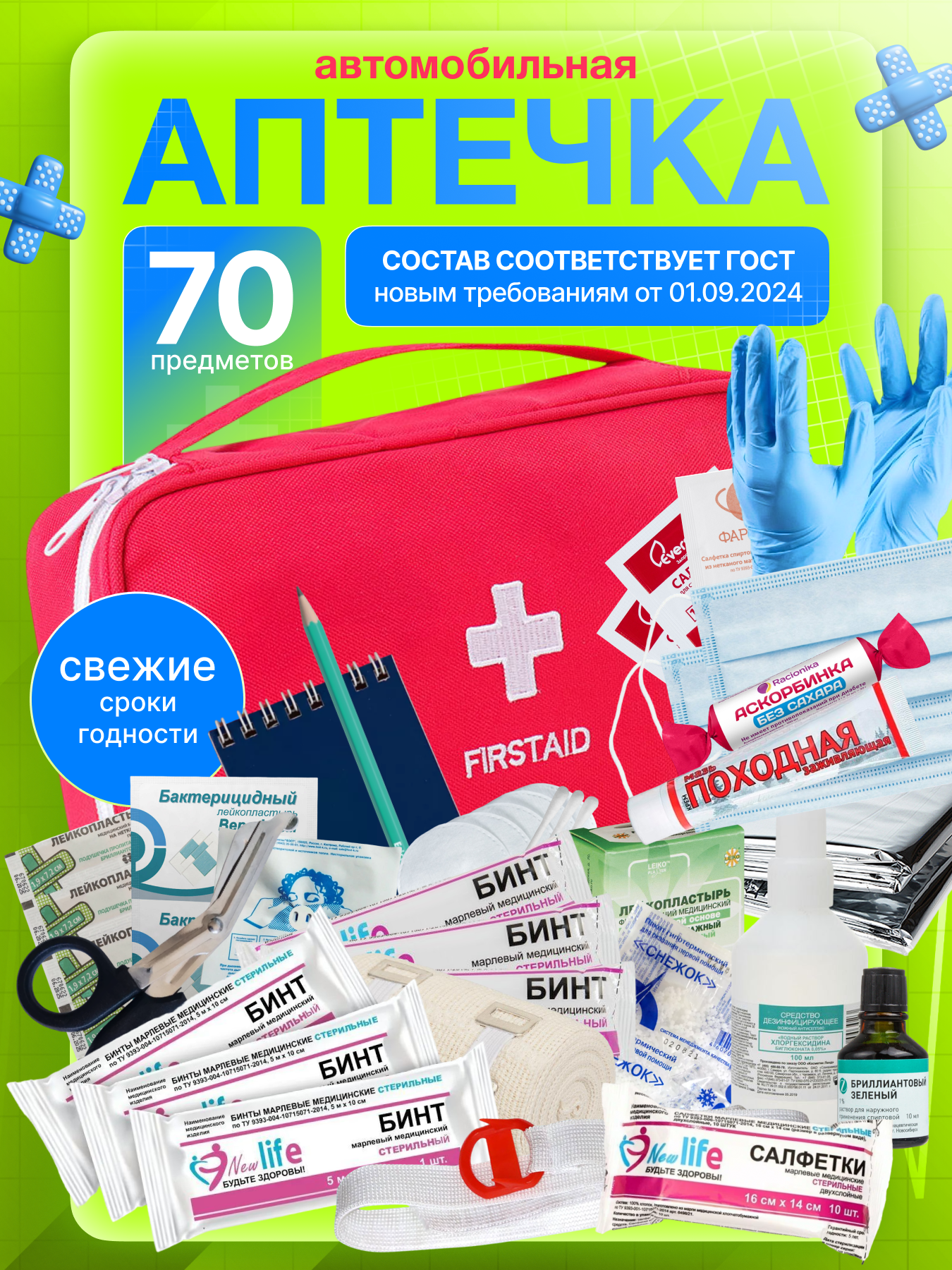 Аптечка автомобильная 2025 ГОСТ новый состав с дополнительными вложениями