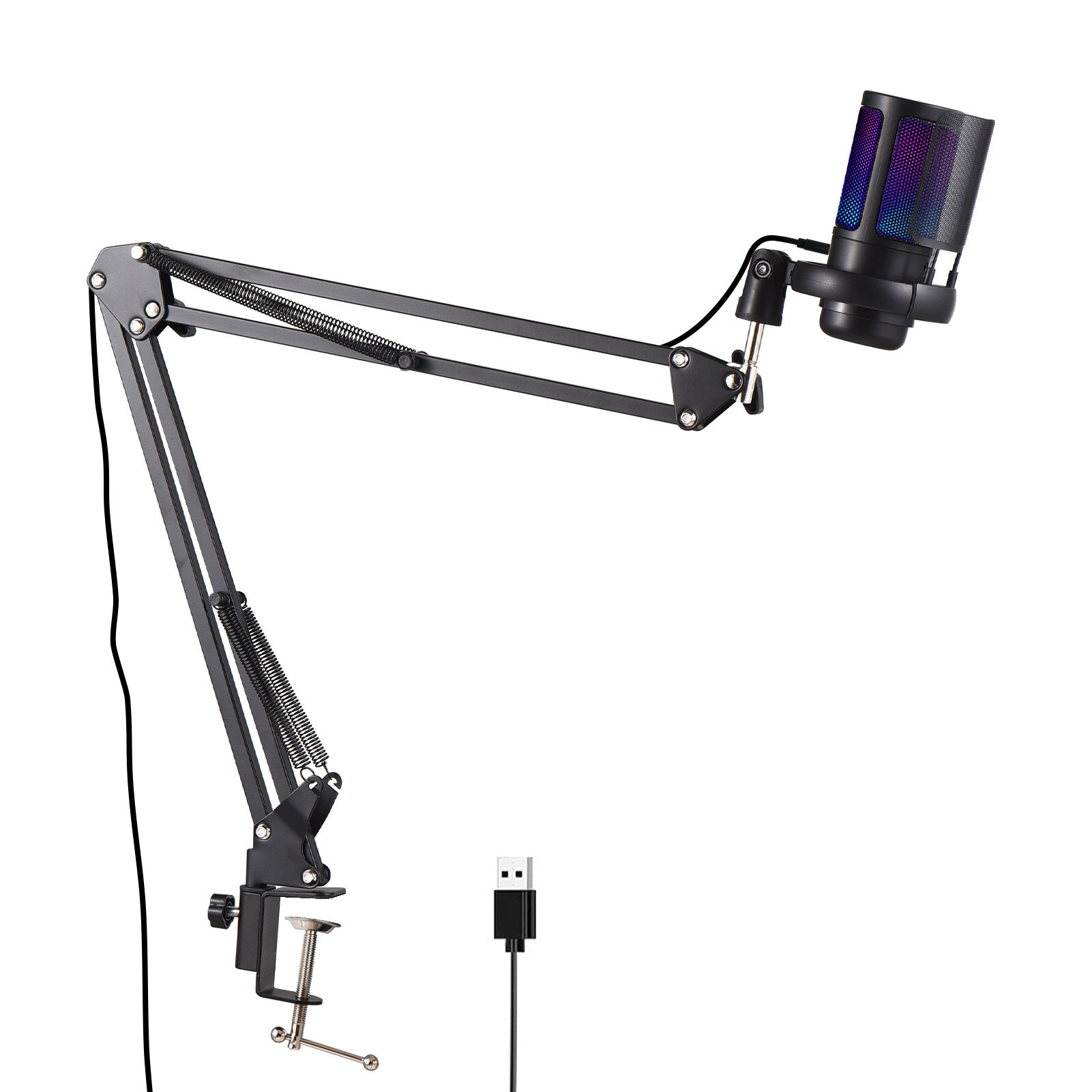 Игровой USB-микрофон для ПК, конденсаторный микрофон, регулировка усиления, красочная подсветка, сетка от брызг и подставка-держатель. Подключение и использование без установки драйверов. Подходит для стриминга, подкастинга и записи.