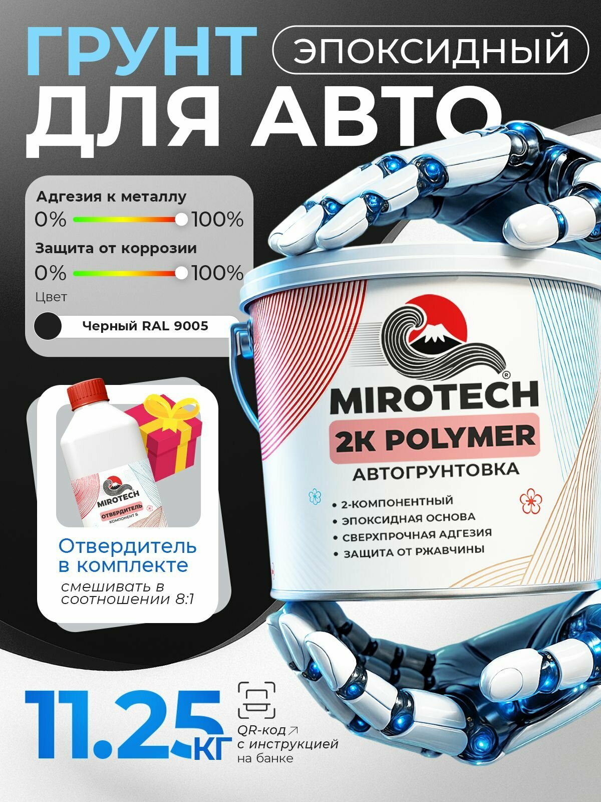 2К автогрунтовка двухкомпонентная MiroTech Polymer/ Эпоксидный грунт для авто антикоррозионный высокопрочный, цвет черный RAL 9005 (10 кг + 1 кг отвердитель)