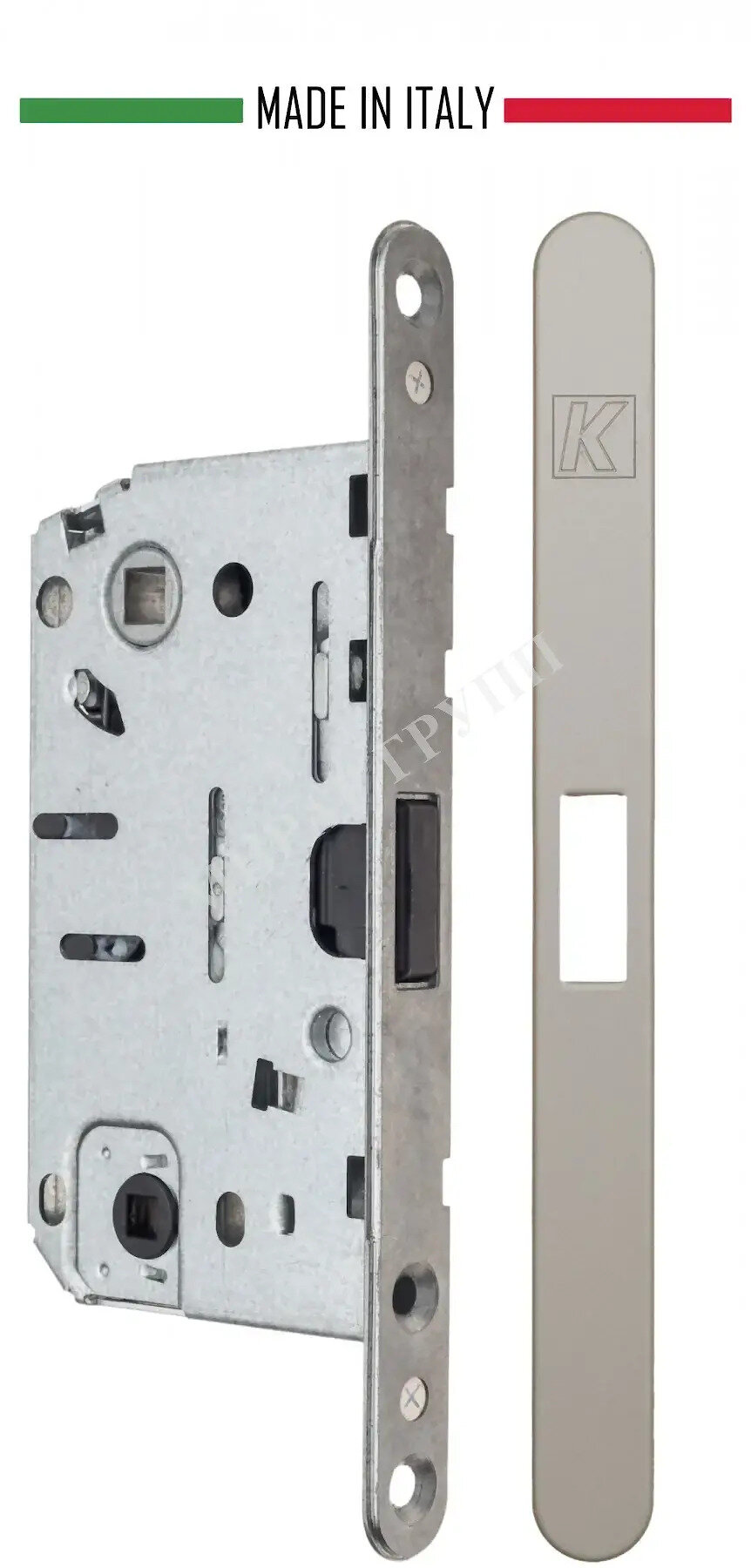 KM.003. CM. A.4. COV. XX Замок супертихий межкомнатный магнитный KOBLENZ WC96 под завертку с отв. планкой с плавным возвратом ручки в исх. п. матовый никель