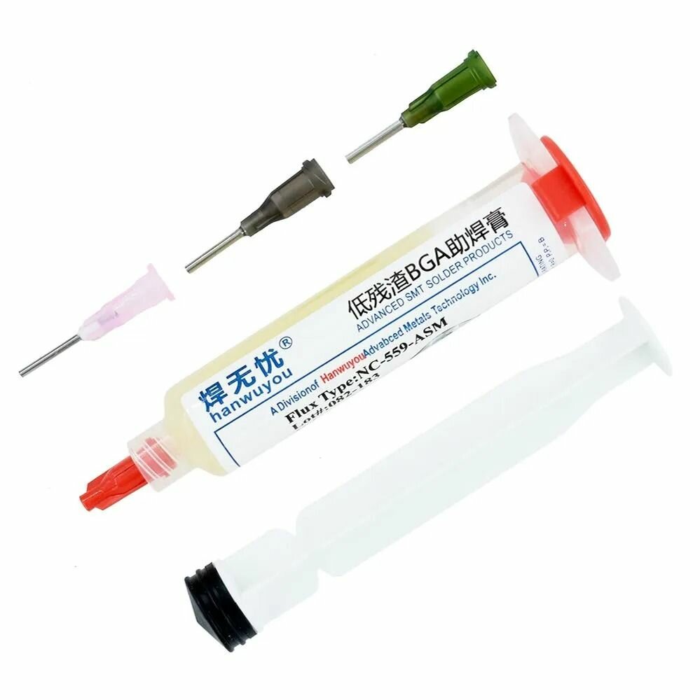 Флюс для пайки гелевый NC-559-ASM для SMD BGA + 3 иглы дозатора + поршень
