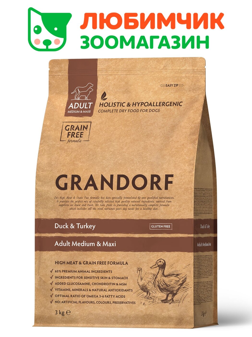 Grandorf корм для собак средних и крупных пород, утка с индейкой 3 кг