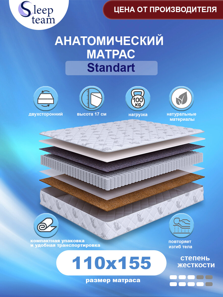 Матрас пружинный SleepTeam Standart 110х155, с независимыми пружинами, высота 17 см, односпальный