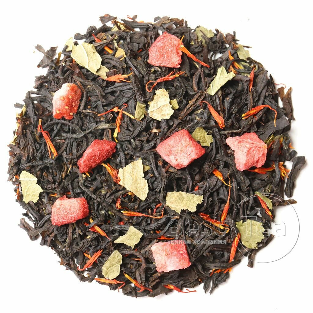 Черный цейлонский высокогорный чай Клубника со сливками, с кусочками клубники, лепестками роз и сафлора
