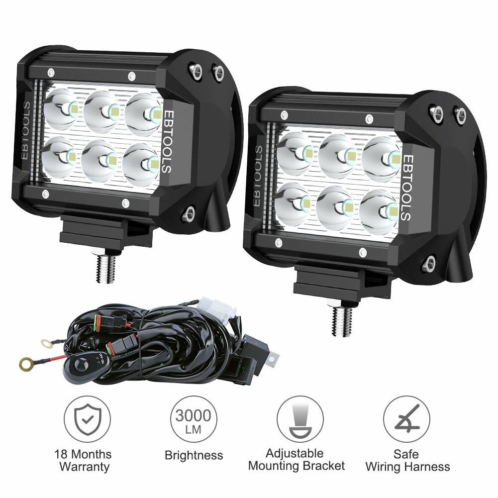 Светодиодные LED Pods, EBTOOLS 2 шт 4 18W Flood Off Road, проводка с предохранителем 15A и реле 40A