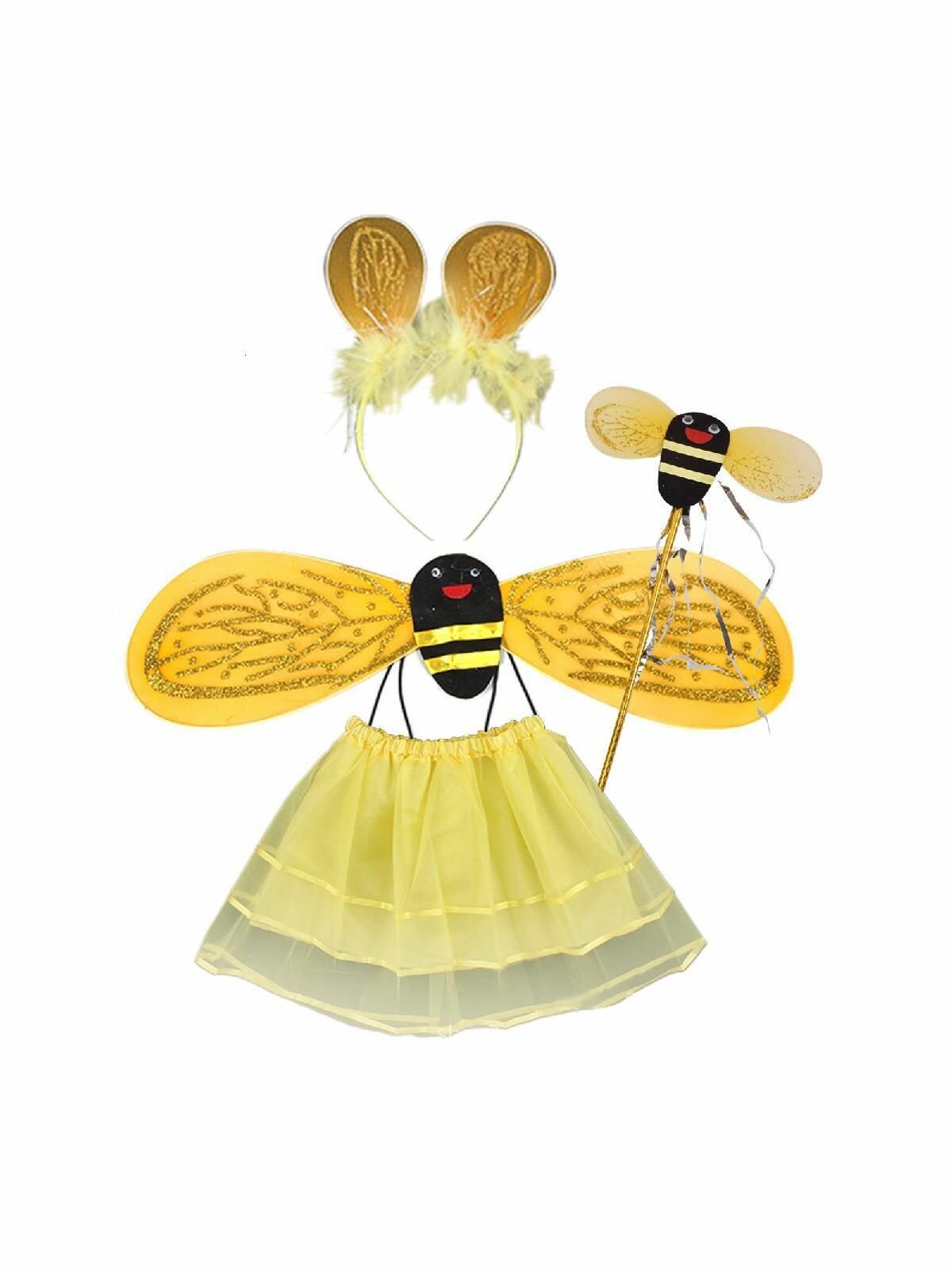 Костюм феи с крыльями пчелы, ободком и волшебной палочкой, - Желтая пчела 3шт п