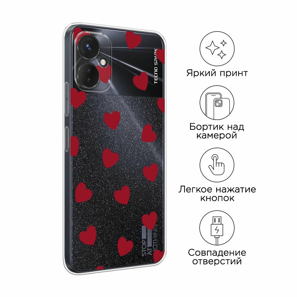 Чехол на Tecno Spark 9 Pro / Техно Спарк 9 Про с принтом "Бордовые сердечки паттерн - 14 февраля", прозрачный — фото 1