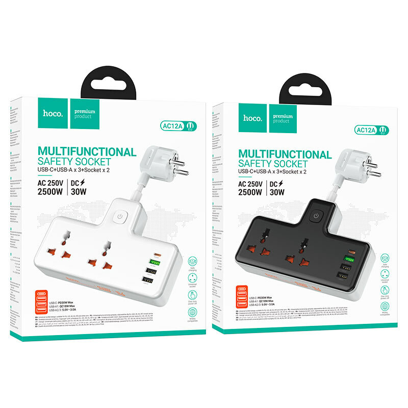 Сетевой фильтр Hoco AC12A, 5 розеток, черный, высокое качество