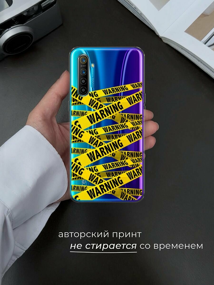Чехол на Realme XT / Реалми XT с принтом "Warning!", прозрачный — фото 1