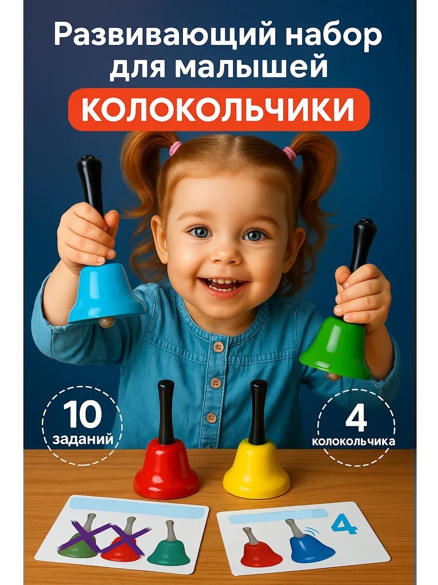 Развивающий набор IQ-ZABIAKA "Умные колокольчики" 10 заданий, 4 колокольчика, для детей и малышей