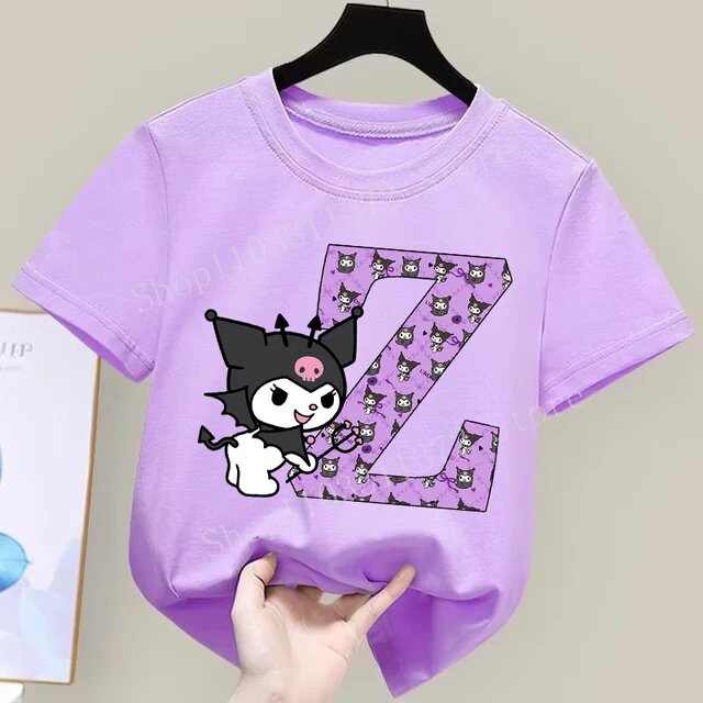 Детская футболка Sanrio Kuromi с милым мультяшным принтом в виде букв AZ и аниме, модная одежда для девочек, топы из хлопка с короткими рукавами для малышей, Размер:130