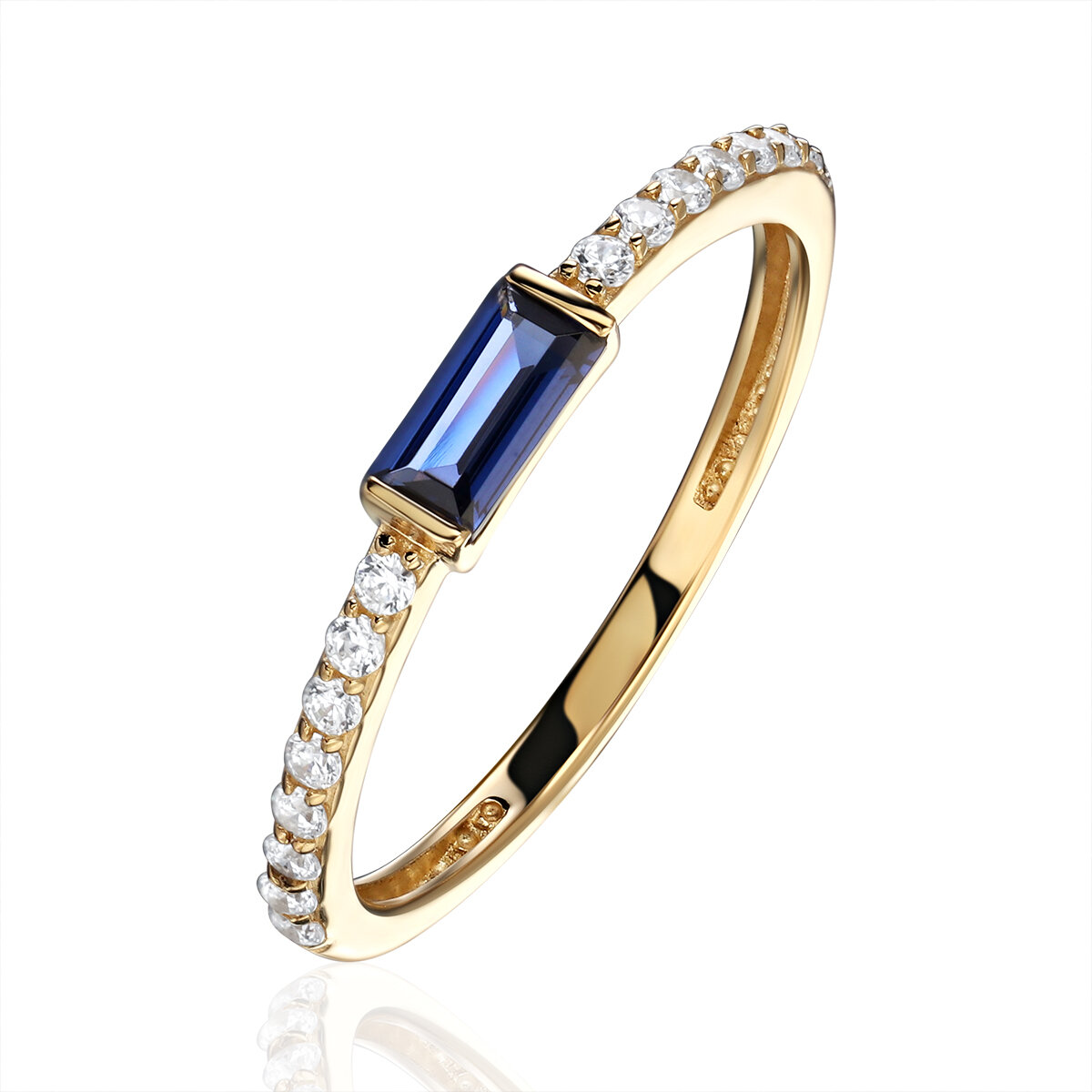 Кольцо, желтое золото, 585 проба, фианит, сапфир