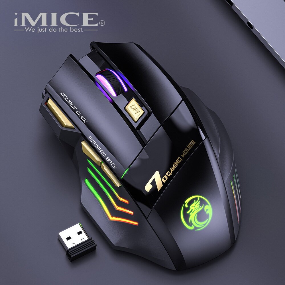 IMICE Беспроводная 2.4G Компьютерная игра Мышь, 7 клавиш, без двойного щелчка, бесшумный, заряжаемый, ослепительный дыхательный свет