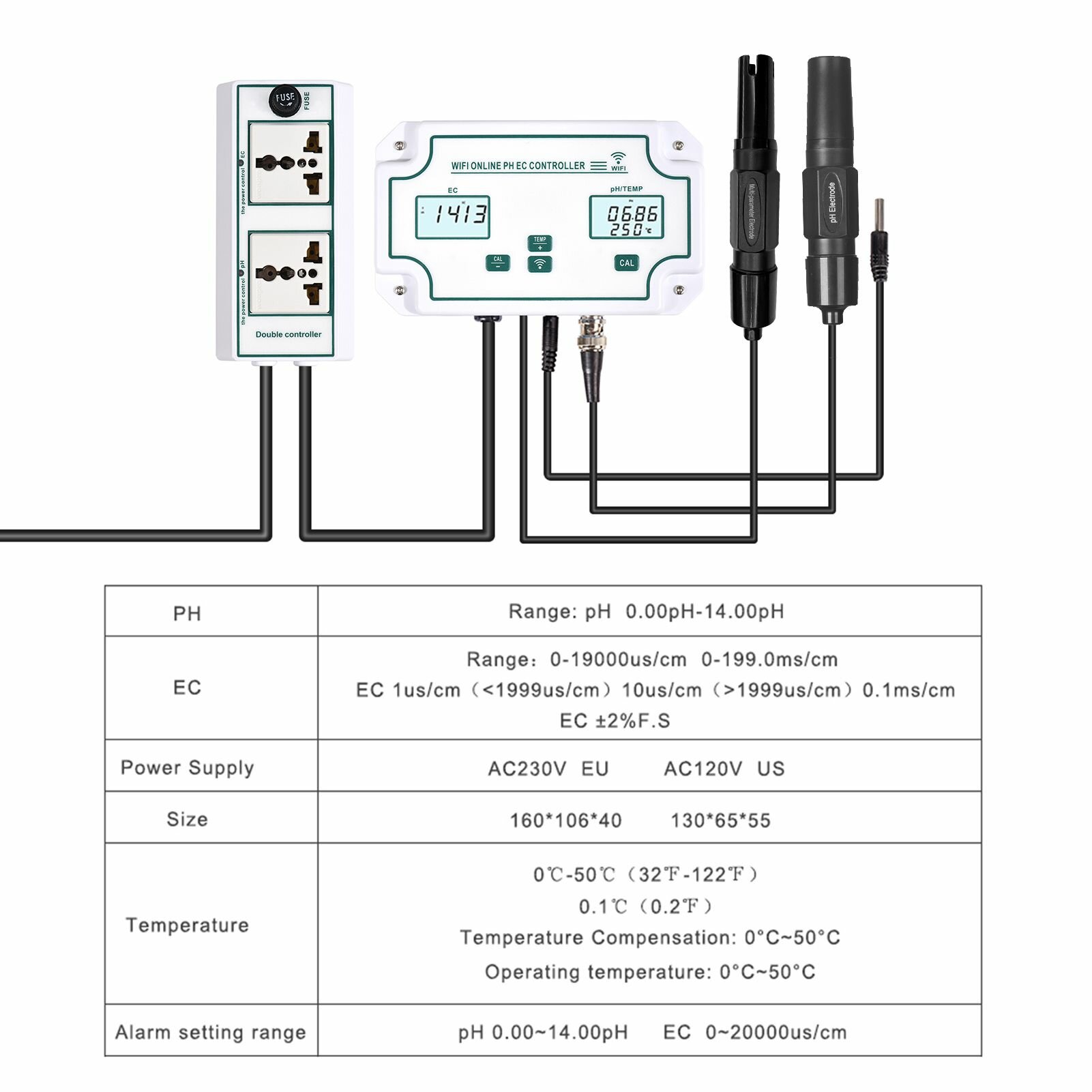 Беспроводной контроль качества воды 3 в 1 с WiFi: pH/EC/Температура для аквариумов и гидропоники, LCD-дисплей, автоматическая компенсация температуры