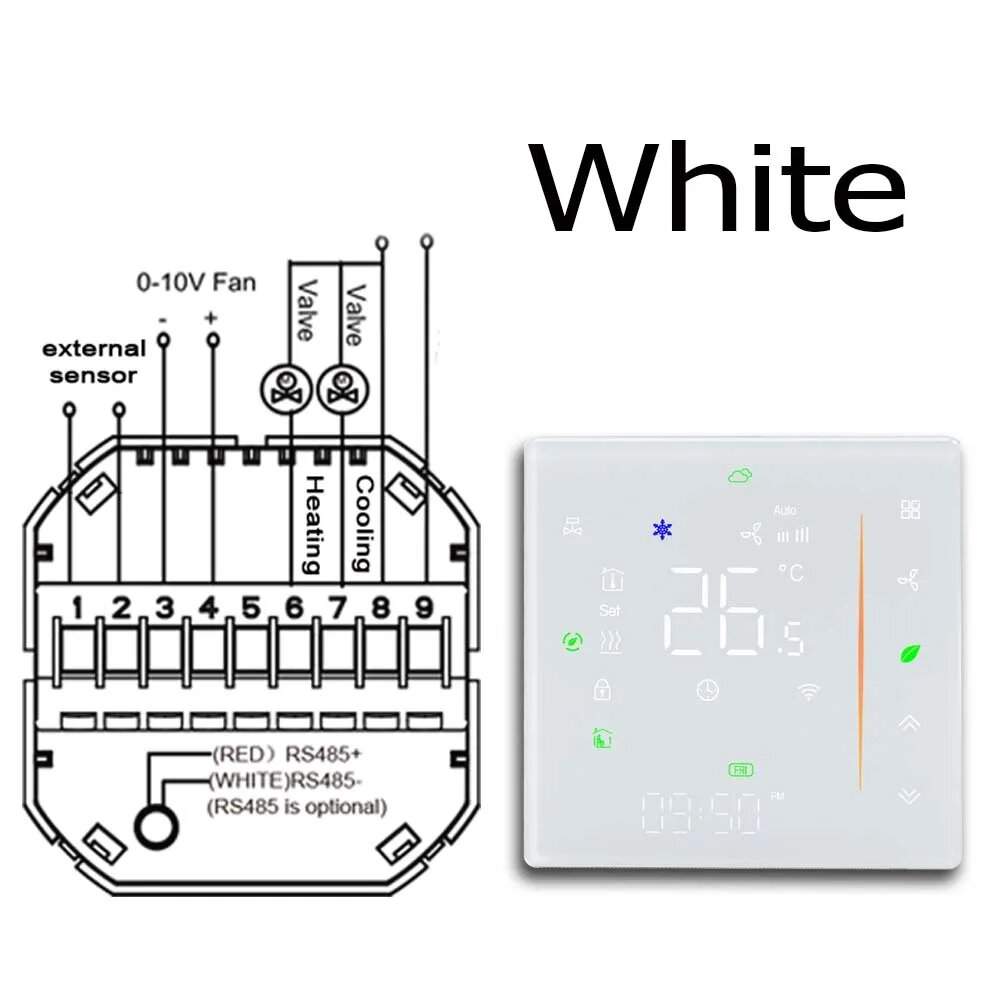 Умный термостат BAC-006EMLW-FAN для вентилятора 24В White, 24VAC