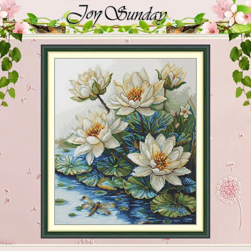 Набор для вышивки крестом Joy Sunday "Белый лотос в водной узорах" 16CT HD printed