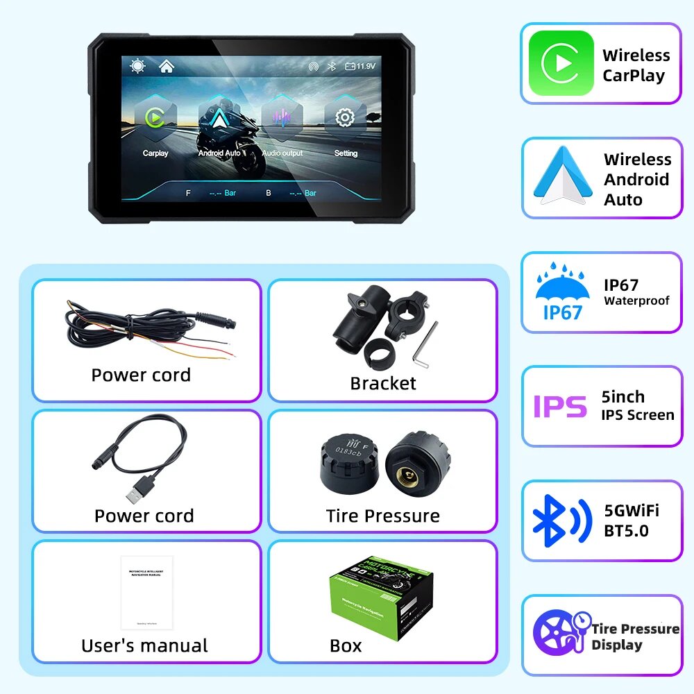 EKIY 5-дюймовый мотоциклетный GPS-экран, вращающийся мотоцикл Carplay, навигационный GPS-монитор, беспроводной Carplay Android Auto M15 with TP