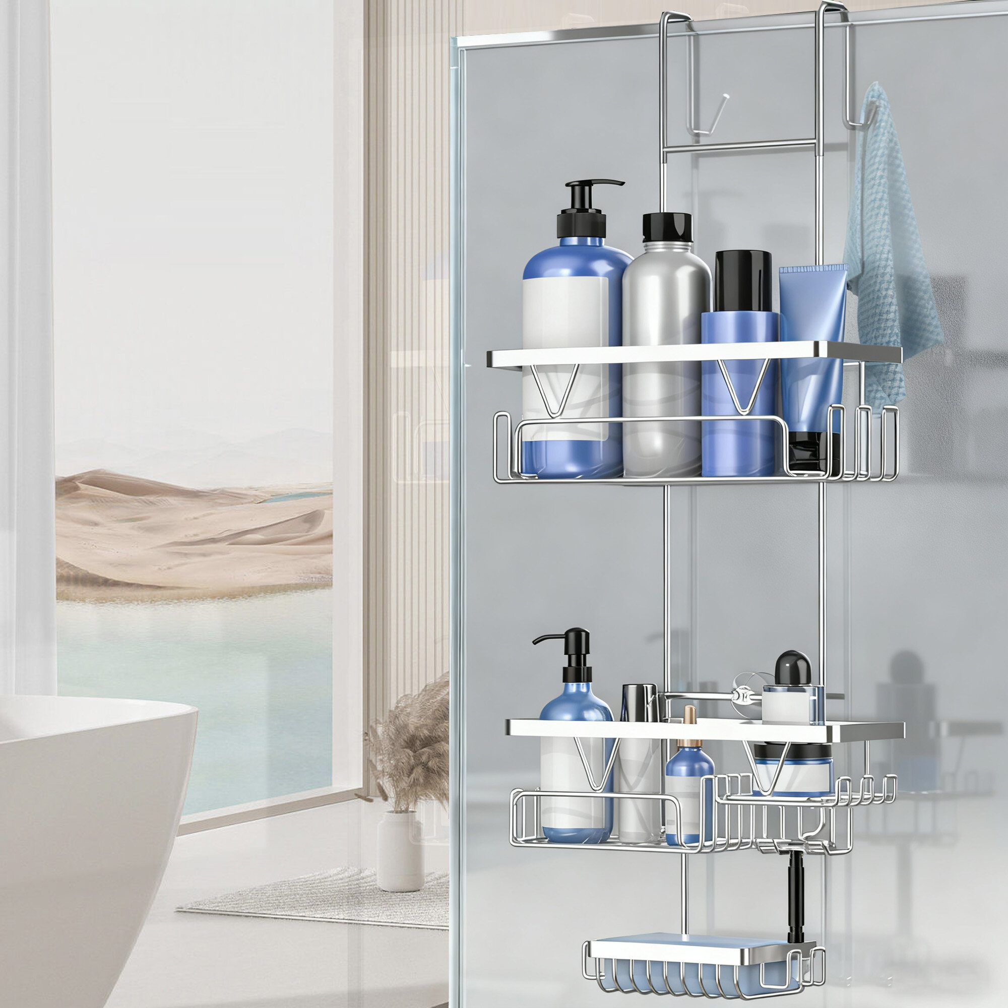 Полки настенные навесные, Серебряная антиржавейная полка для хранения душа на двери.