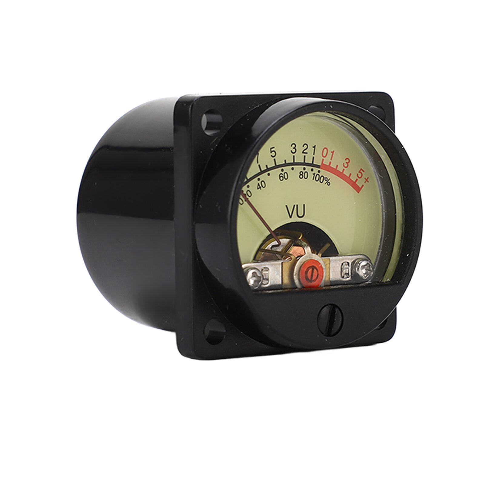 VU Meter Высокоточный циферблат с желтой стрелкой и белой светодиодной подсветкой. Панель усилителя. Заголовок VU Meter.