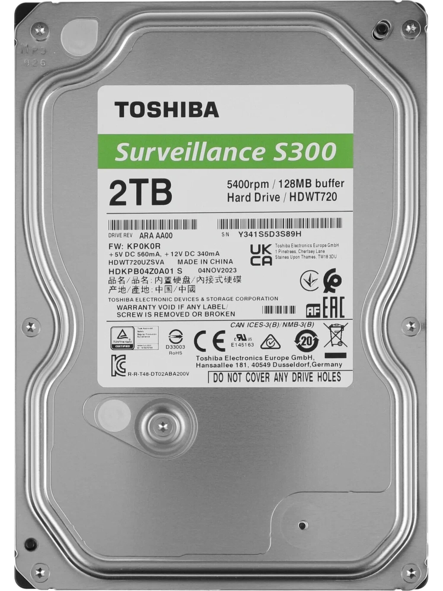 Жесткий диск Toshiba HDWT720UZSVA S300, 2ТБ, 5400об/мин, 128MB, SATA-III