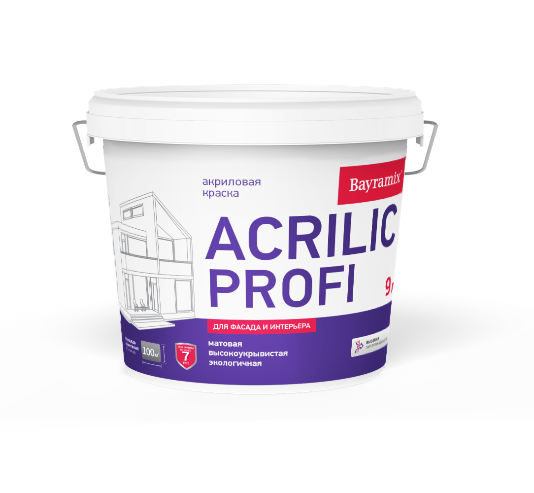 Краска для стен и потолка, фасадная, Bayramix "Acrilic Profi", База A, белая 0,9 л