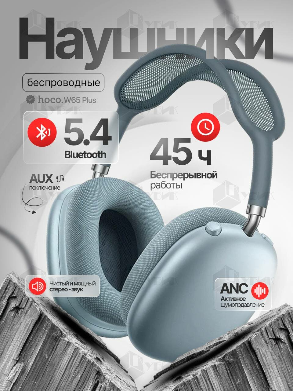 Наушники беспроводные с шумоподавлением полноразмерные HOCO W65 PLUS 45 часов музыки, BT 5.4 голубые