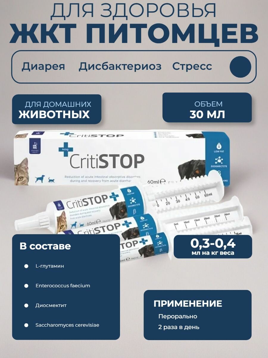 Кормовая добавка CfPharma КритиСтоп паста нормализации процессов пищеварения у кошек и собак, 30 мл