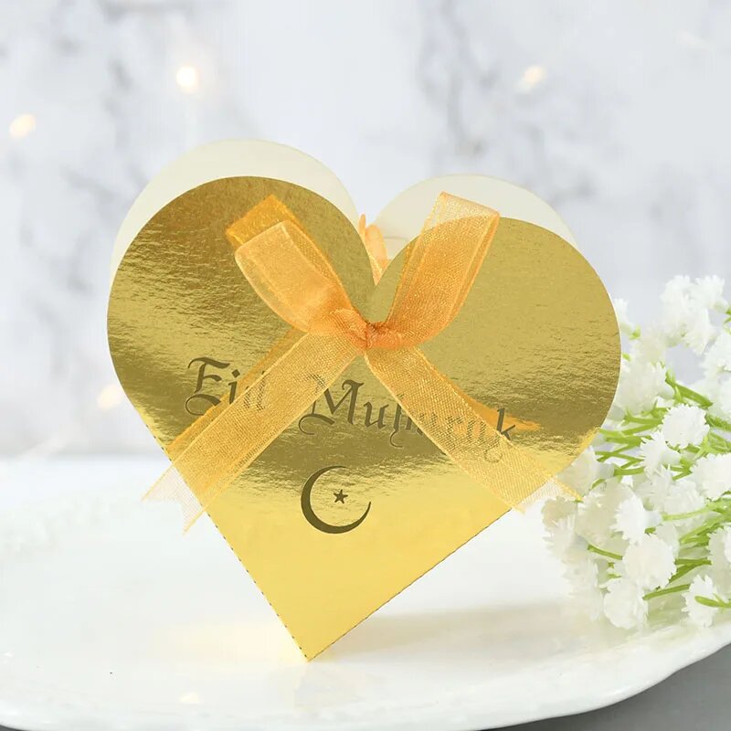 Золотые подарочные коробки в форме сердца "Eid Mubarak" H01