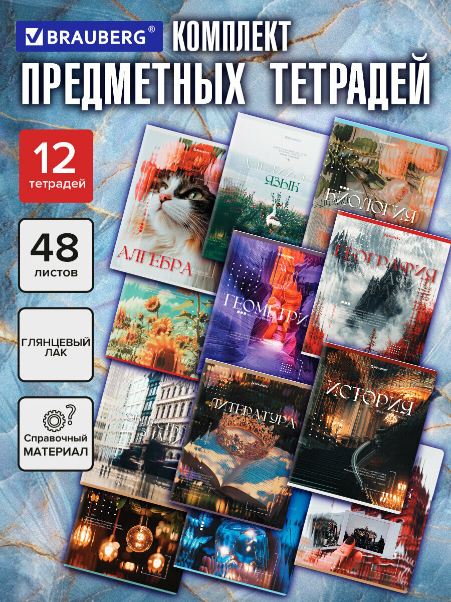 Предметные тетради 48 листов в клетку и линейку A5 набор 12 штук, глянцевая обложка с рисунком, Brauberg Illusion, 405171