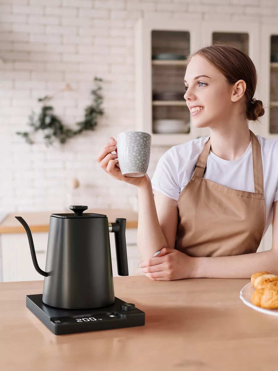Умный чайник электрический с регулировкой температуры с длинным носиком для пуровера, 1 л, чёрный