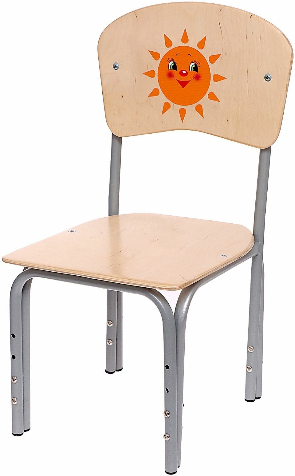 Стул регулируемый "Кузя. Солнышко", группа роста 1-3, металлические ножки, растущий стульчик со спинкой и регулировкой высоты, мебель для малышей в детскую комнату, фанера, спинка-бублик
