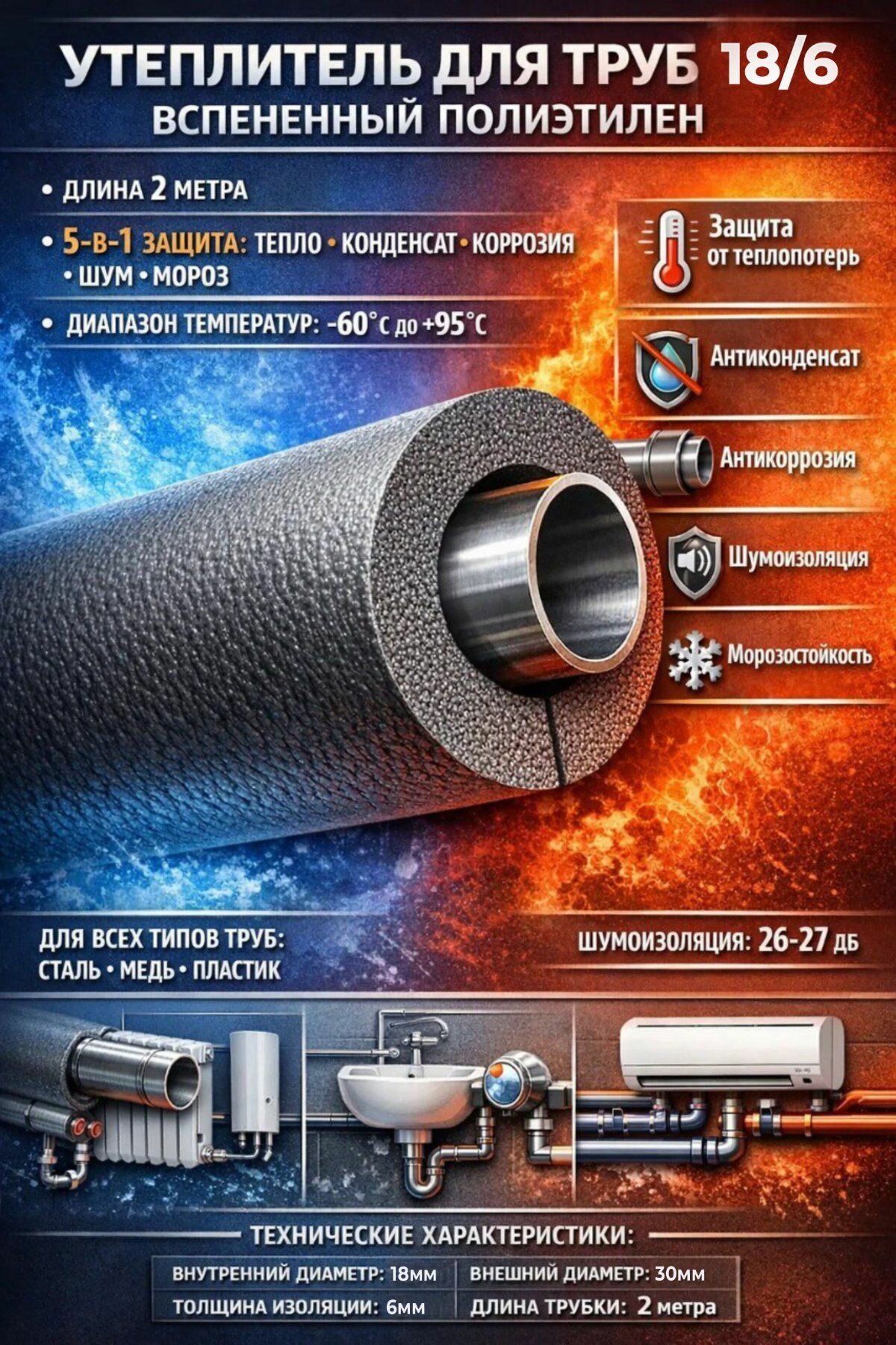 Утеплитель для труб 18/6 - 2 метра (1шт) / вспененный полиэтилен / теплоизоляция / звукоизоляция