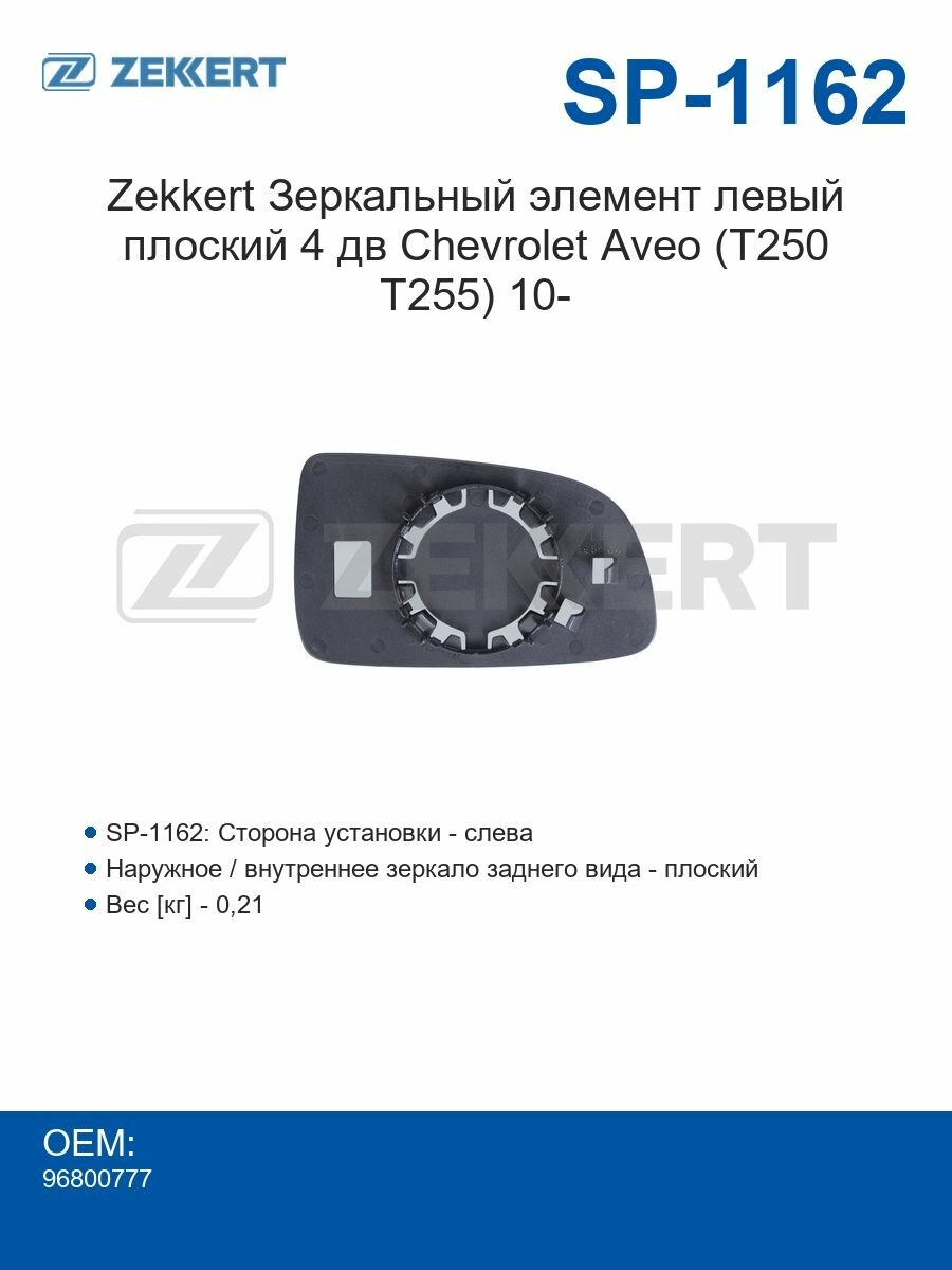 Zekkert Зеркальный элемент левый плоский 4 дв Chevrolet Aveo (T250 T255) 10-