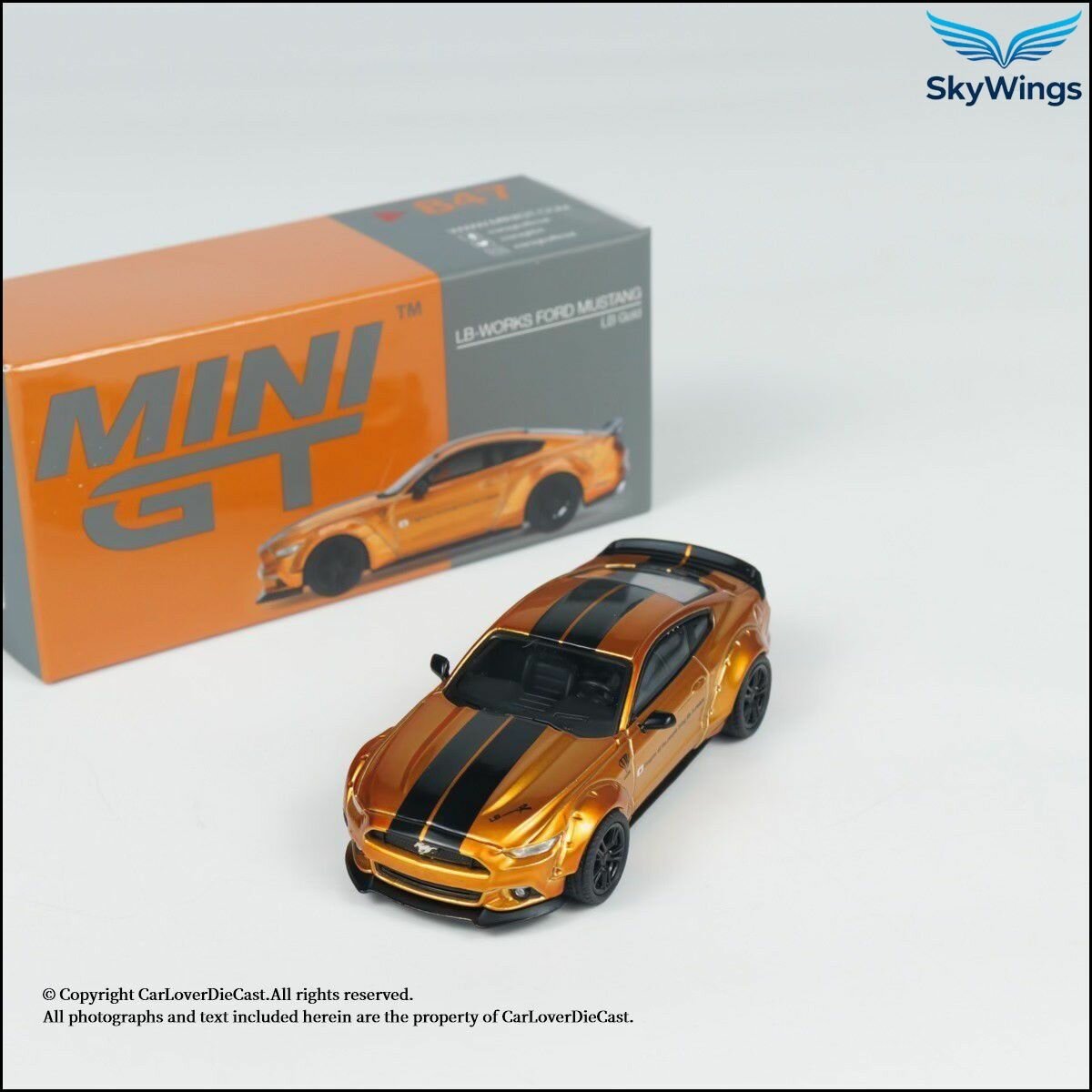 Детализированная коллекционная миниатюра Ford Mustang в эксклюзивной ливрее Ледяной Оранжевый с Черными Полосами от LBWorks, модель 847 Mini GT для истинных автолюбителей