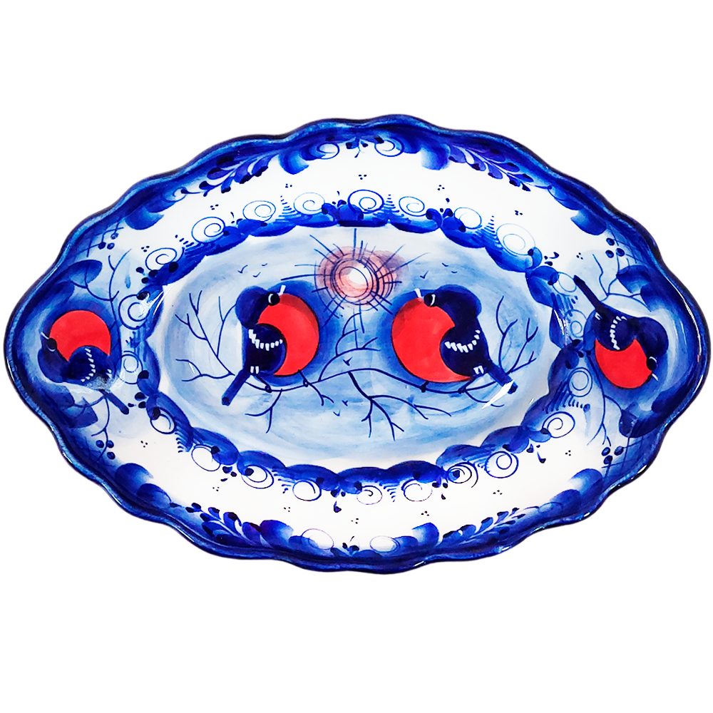 Фарфоровый салатник ручной работы "Гранд", гжель со снегирями